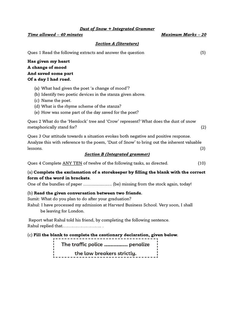 Dust of Snow Poem Analysis & Grammar Tasks | PDF | Poetry