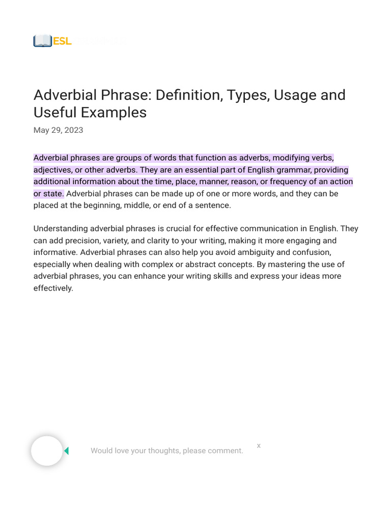 Adverbial Phrase - Definition, Types, Usage and Useful Examples - ESL ...