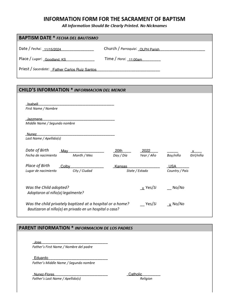 Form For The Sacrament of Baptism | PDF