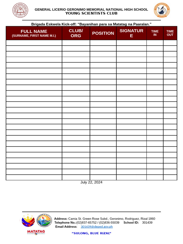 Attendance Template Ysc | PDF