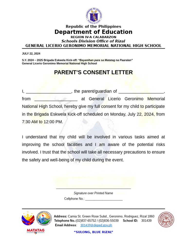Brigada Kick-Off Parent's Consent Ysc | PDF