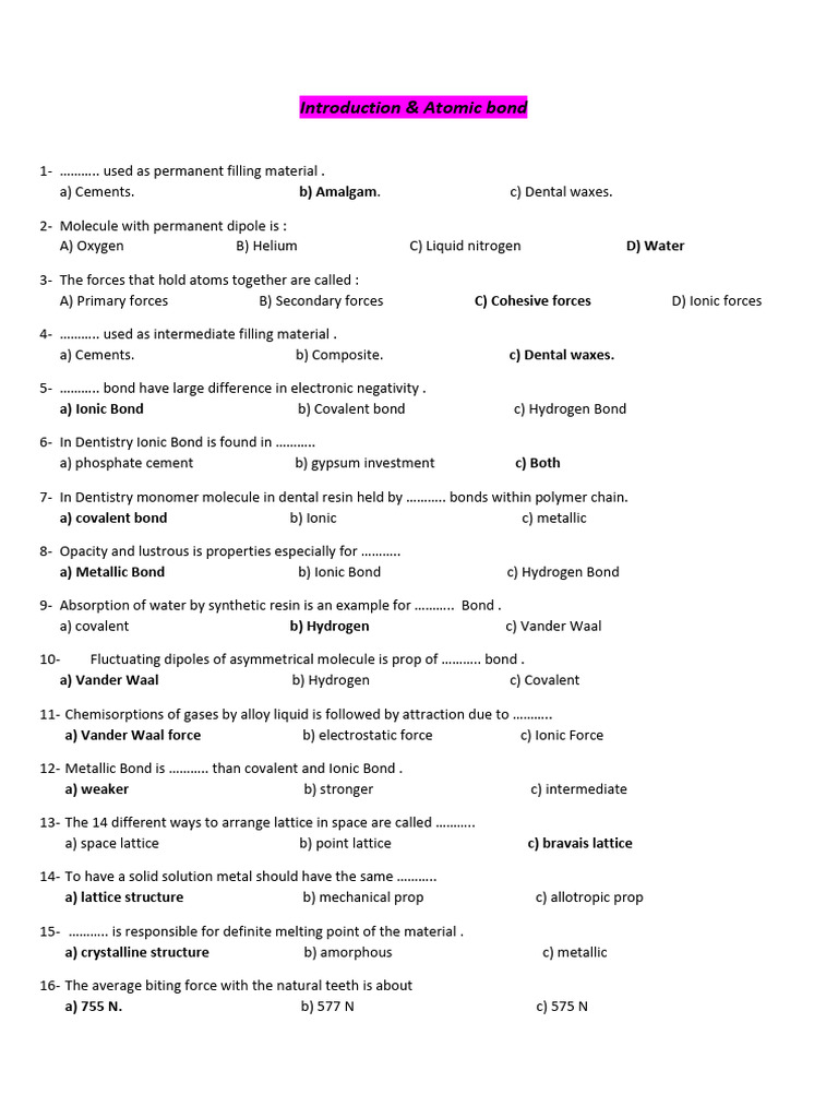 MCQ in Introduction & Atomic Bonds | PDF | Chemical Bond | Crystal ...