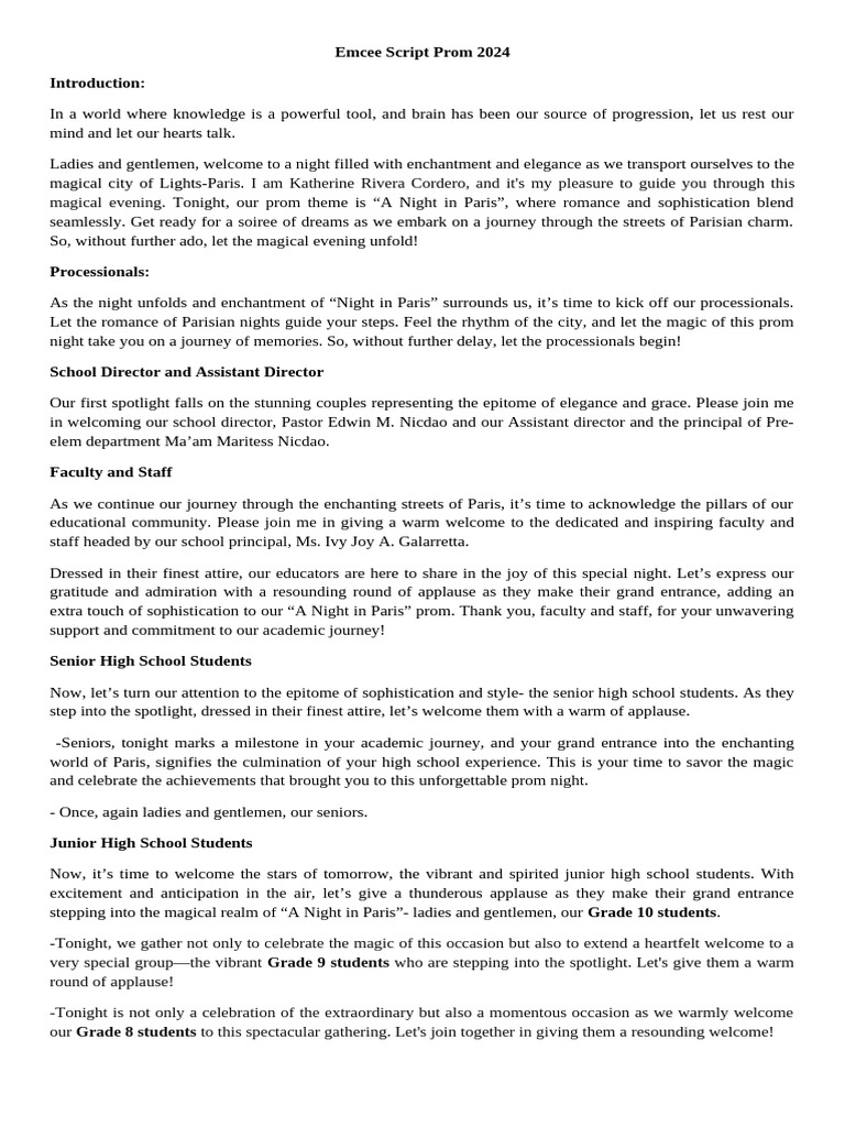 Emcee Script Prom 2024 | PDF | Prom | Dances