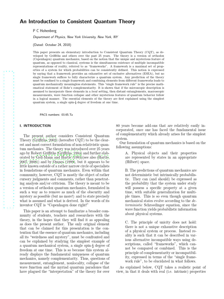 An Introduction To Consistent Quantum Theory - Hohenberg | PDF | Quantum Entanglement | Quantum ...
