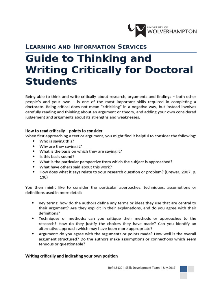 LS130 Thinking and Writing Critically For Doctoral Students | PDF | Argument | Thesis