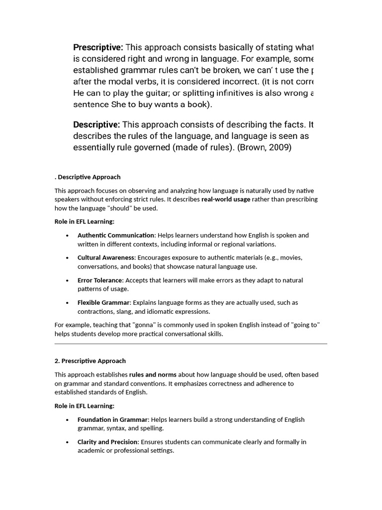 Descriptive vs. Prescriptive EFL Approaches | PDF | English As A Second ...