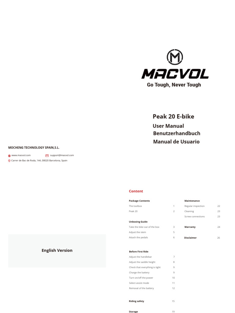 Macvol P20 EN | PDF | Rechargeable Battery | Brake