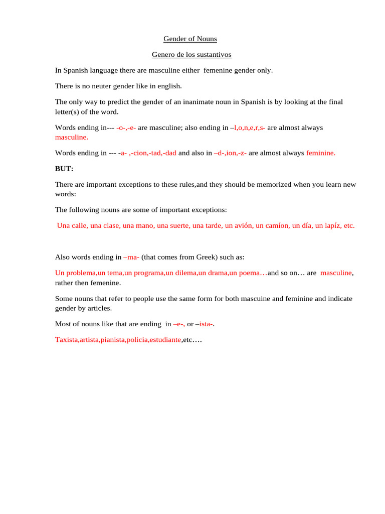 Spanish Noun Gender Rules Explained | PDF