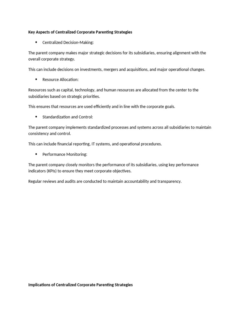 Centralized Corporate Parenting Strategies | PDF | Strategic Management ...