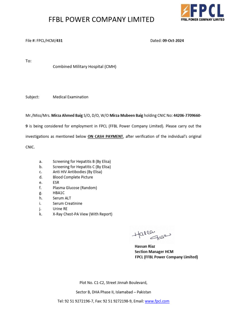 Medical Examination Letter - Mirza Ahmed Baig | PDF