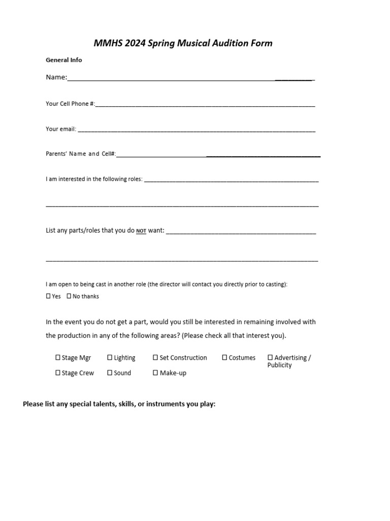 2024 Spring Musical Audition Form | PDF