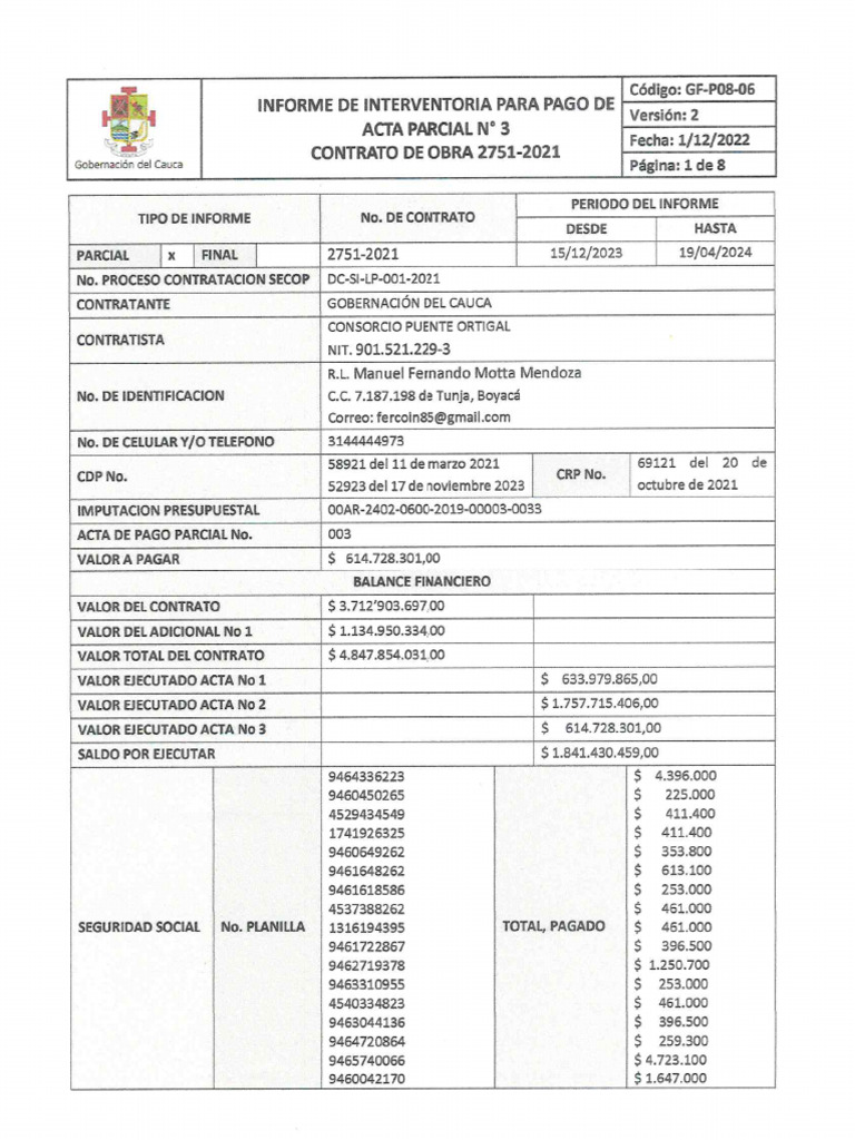 Informe de Interventoria Acta de Pago No. 03 Contrato de Obra No. 2751 ...