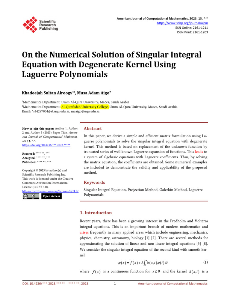 On The Numerical Solution of Singular Integral Equation With Degenerate Kernel Using Laguerre ...