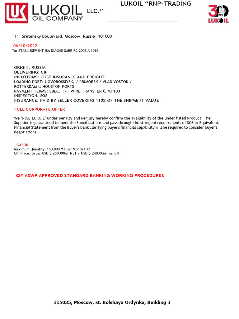 LUKOIL GASOIL FCO | PDF | Letter Of Credit | Receipt