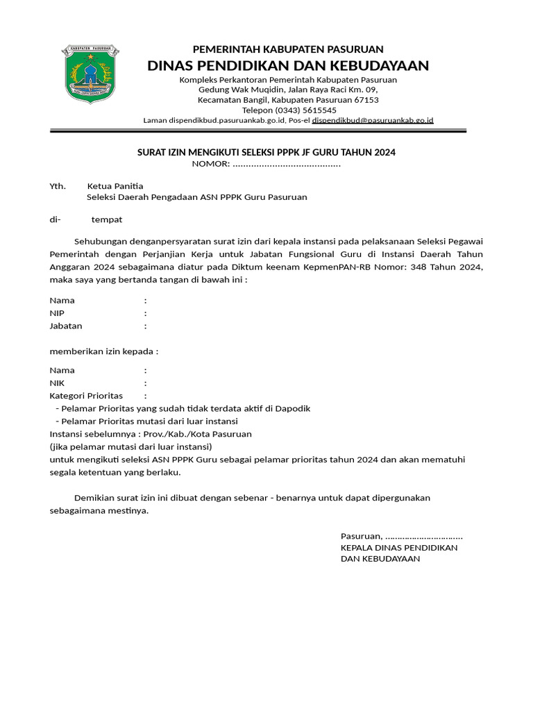 SURAT IZIN MENGIKUTI SELEKSI PPPK | PDF
