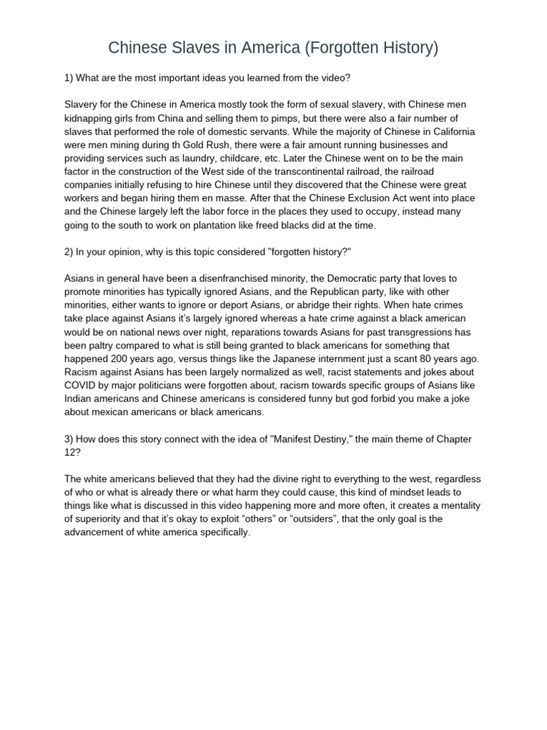 Chinese Slaves in America (Forgotten History) Video Analysis | PDF ...