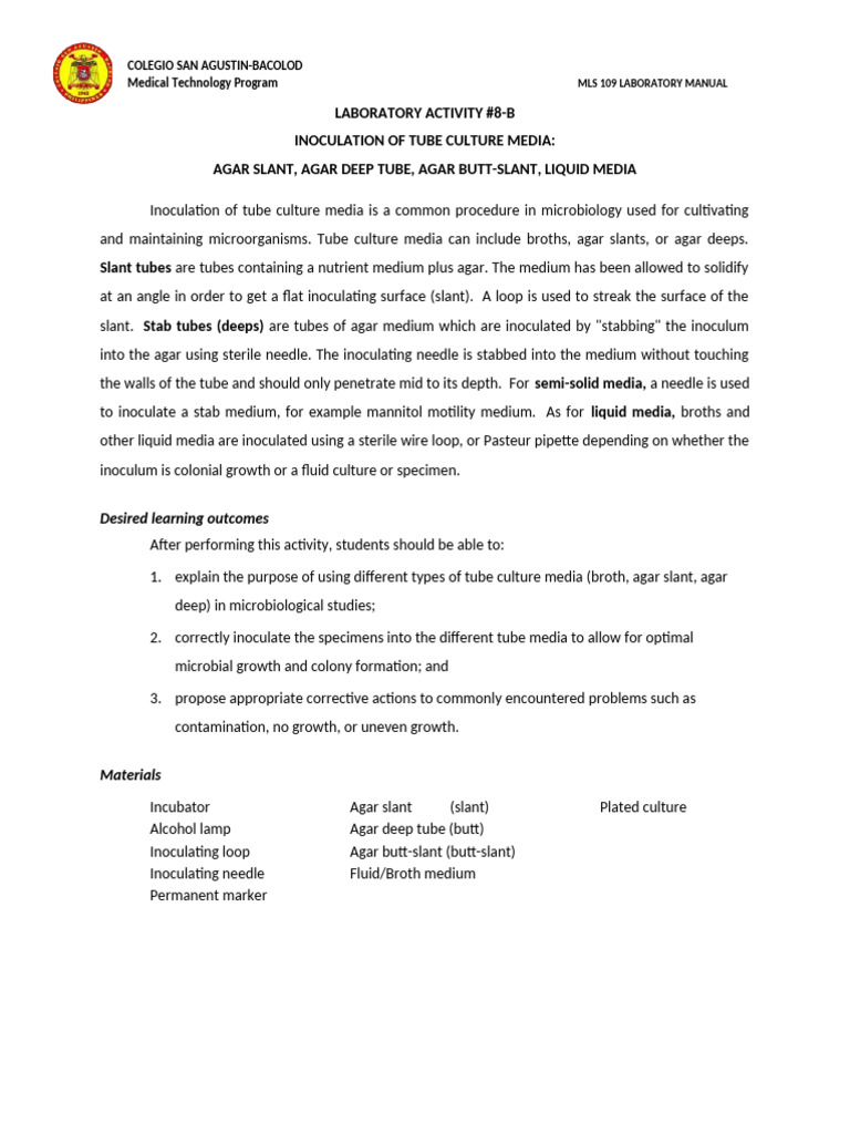 Microbiology Lab Inoculation Guide | PDF | Growth Medium | Microbiology