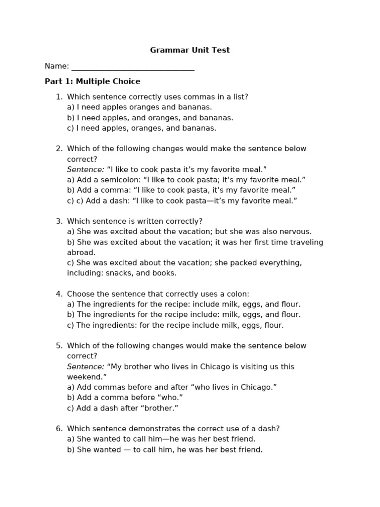 Grammar Unit Test (1) | PDF | Punctuation | Comma