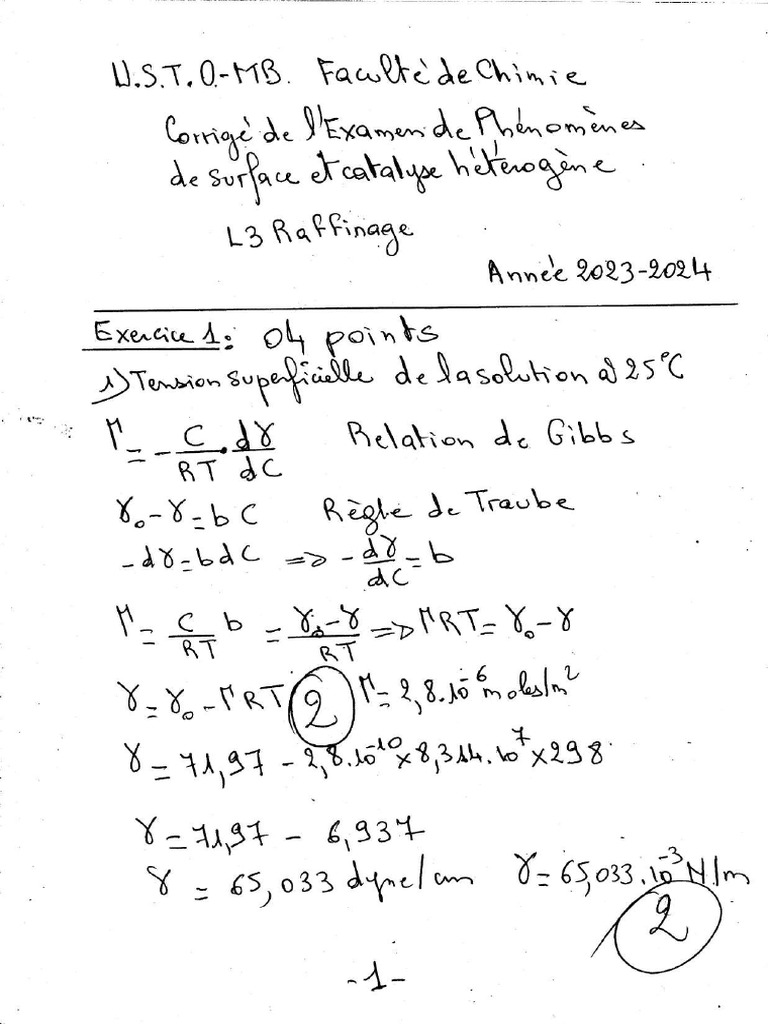 Corrige Phenomenes de Surface L3 Raffinage | PDF