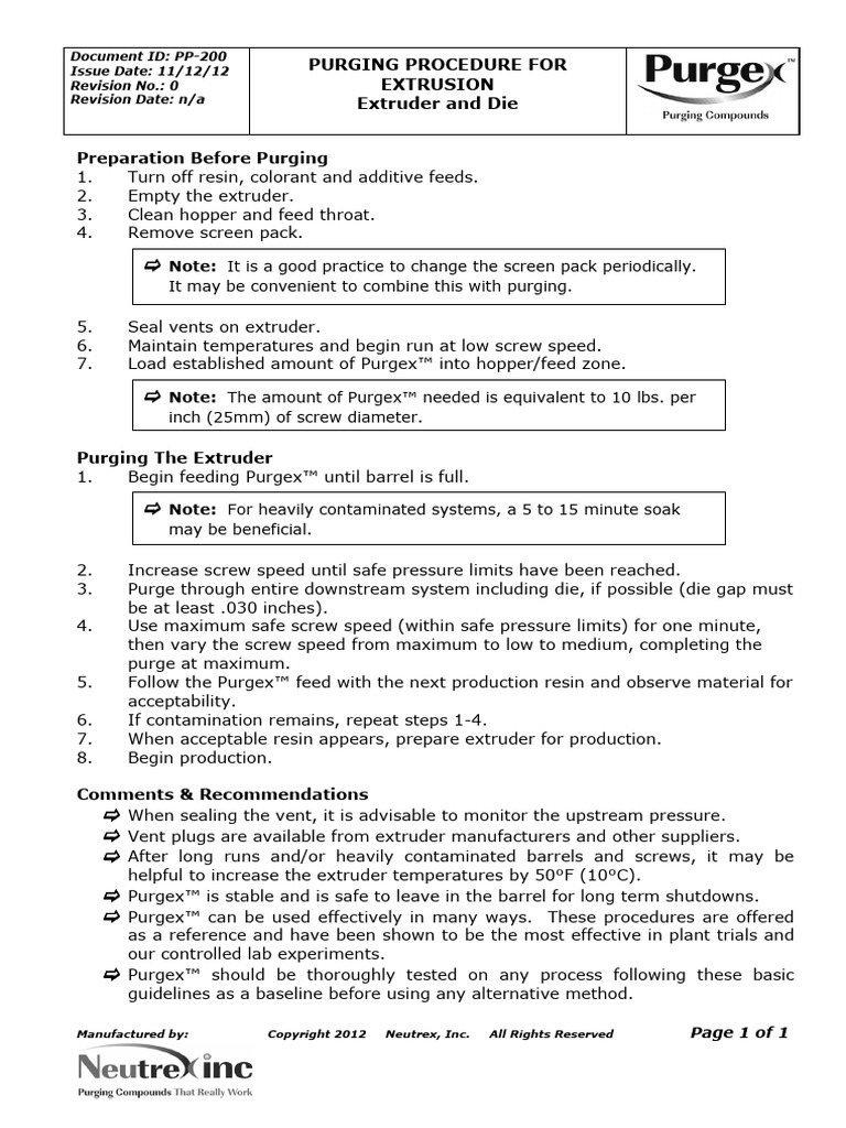 Purgex Procedure For Extrusion | PDF