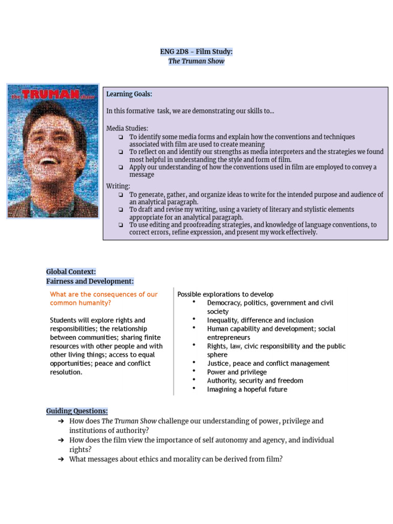 ENG 2D8 - Film Study - The Truman Show | PDF | Knowledge | Human ...