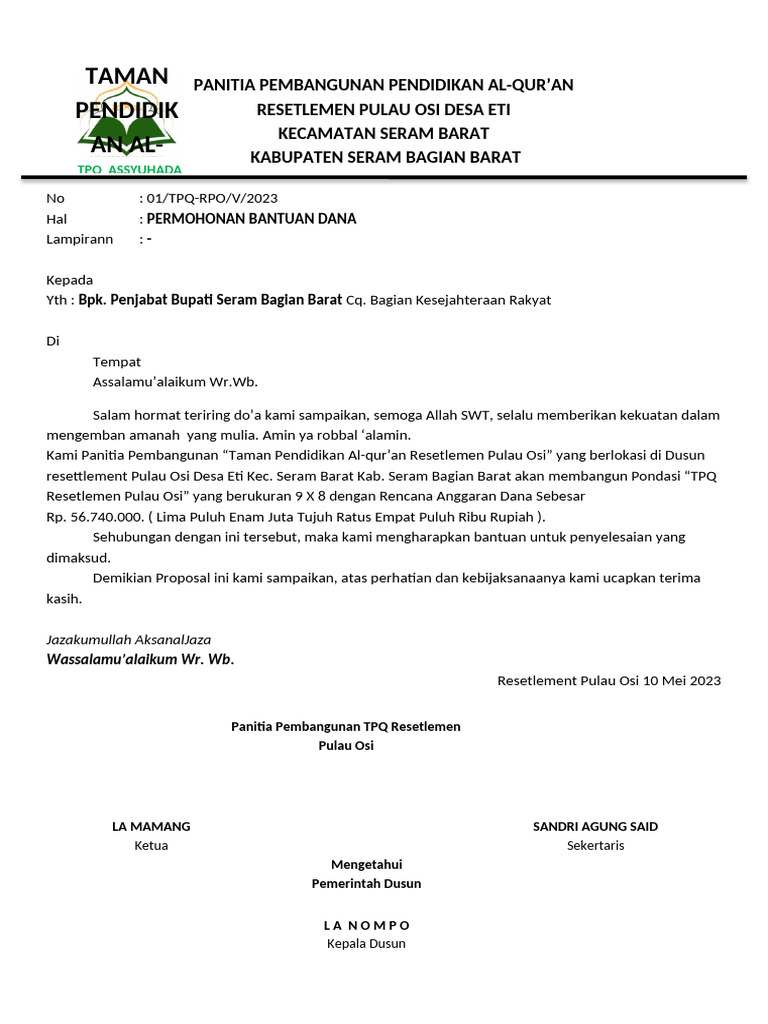 Proposal Panitia Pembangunan TPQ | PDF