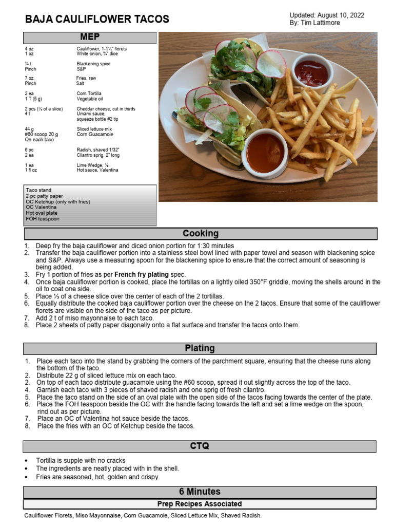 Baja Cauliflower Tacos Guacamole Plating | PDF | Taco | Foods