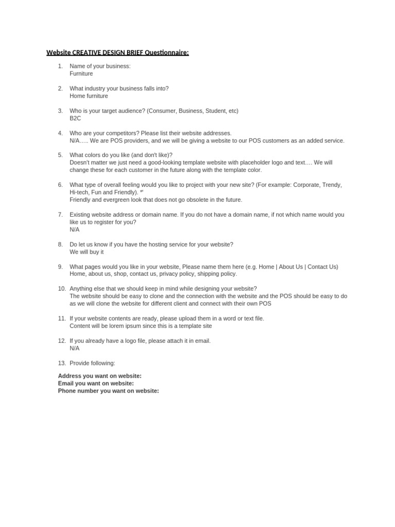 Website Design Brief Questionnaire Template | PDF