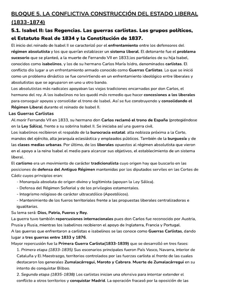 Bloque 5. La Conflictiva Construcción Del Estado Liberal (1833-1874) | PDF