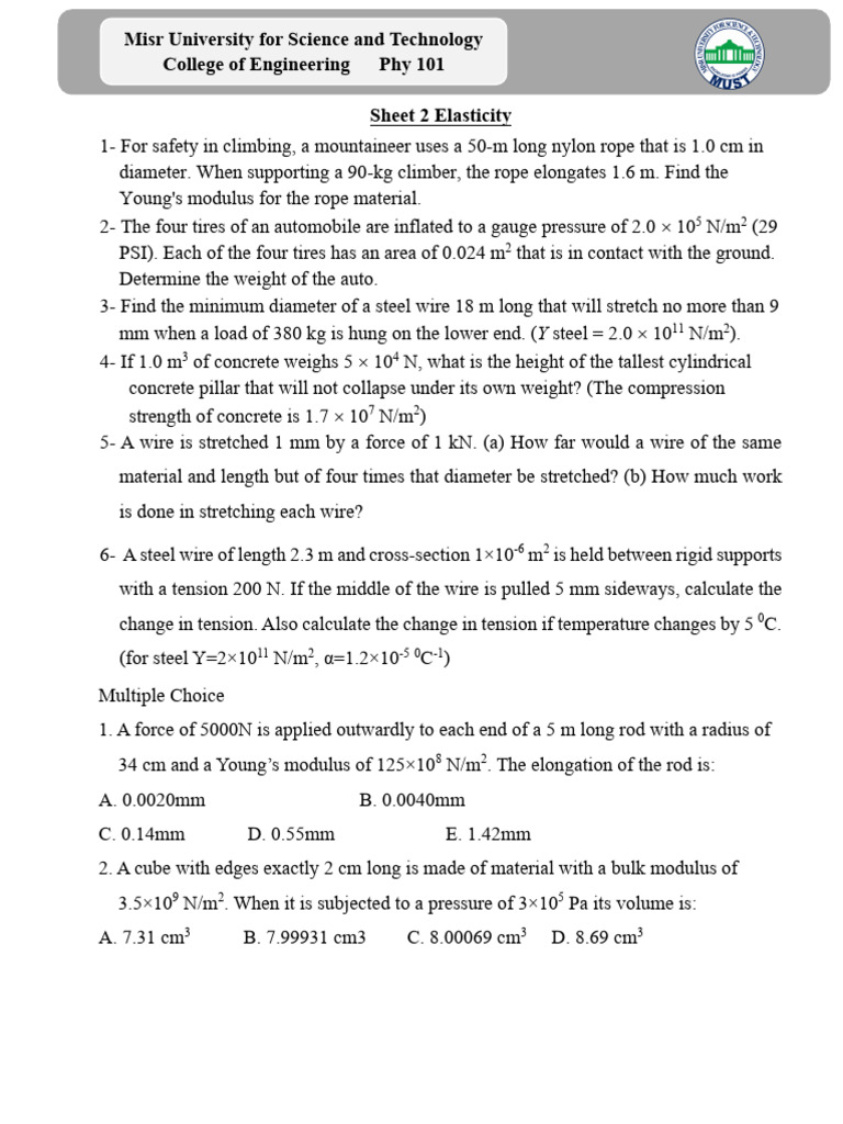 Sheet 2 | PDF | Elasticity (Physics) | Pascal (Unit)
