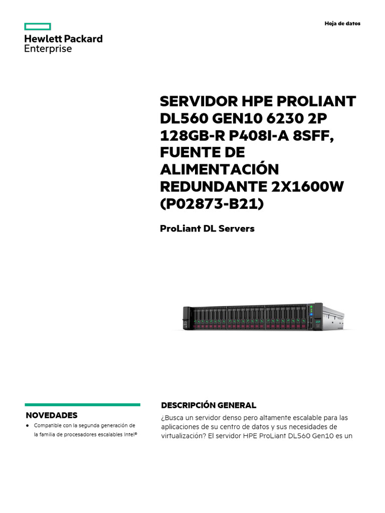 Servidor Hpe Proliant DL560 GEN10 6230 2P 128GB-R P408I-A 8SFF, Fuente de Alimentación ...