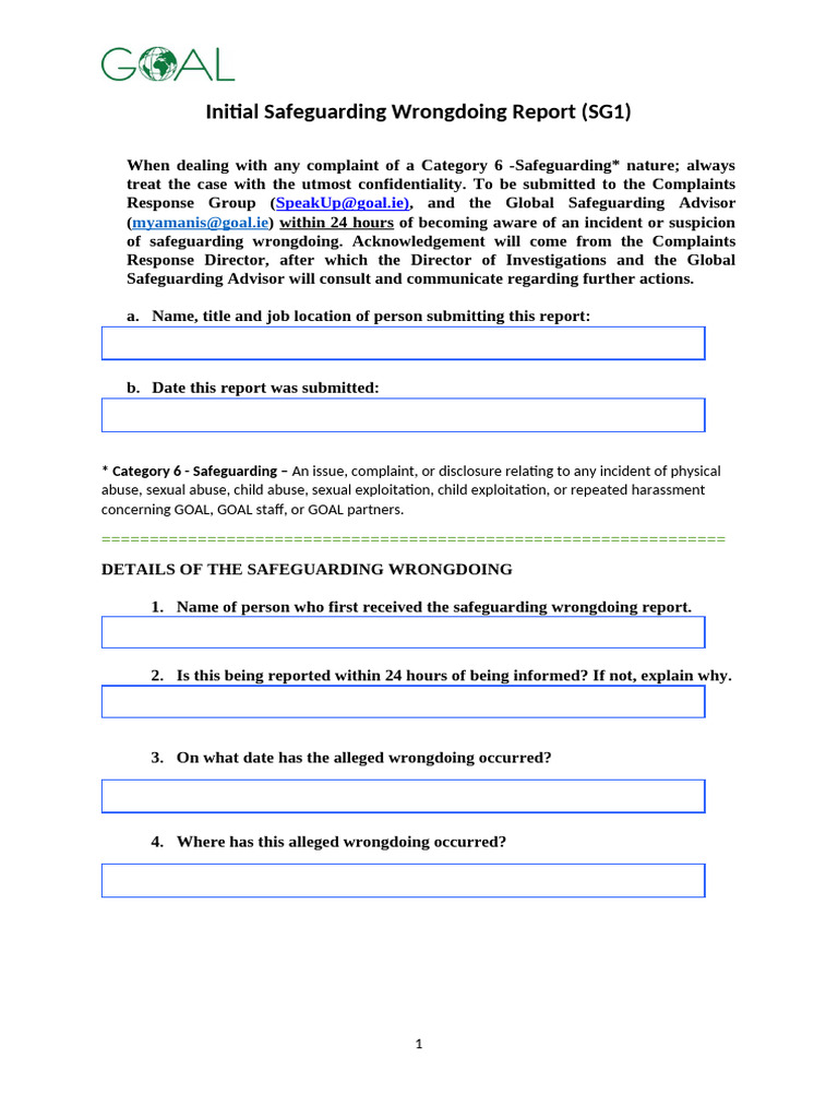 01. Initial Safeguarding Wrongdoing Report (SG1) | PDF | Child Sexual ...