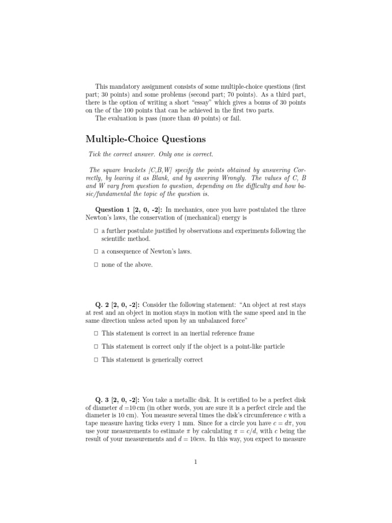 Exercise2 in Exam Format Old | PDF | Newton's Laws Of Motion | Multiple ...