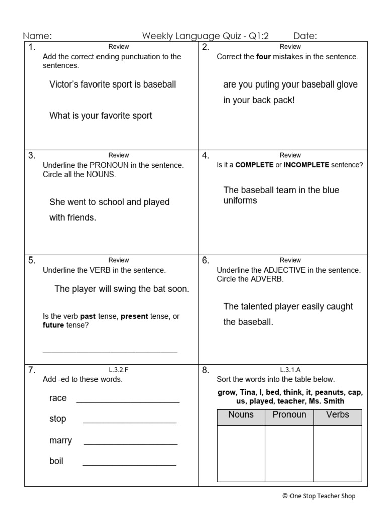 2 Weekly Quiz Q1 (Parts of Speech) | PDF | Verb | Grammatical Tense