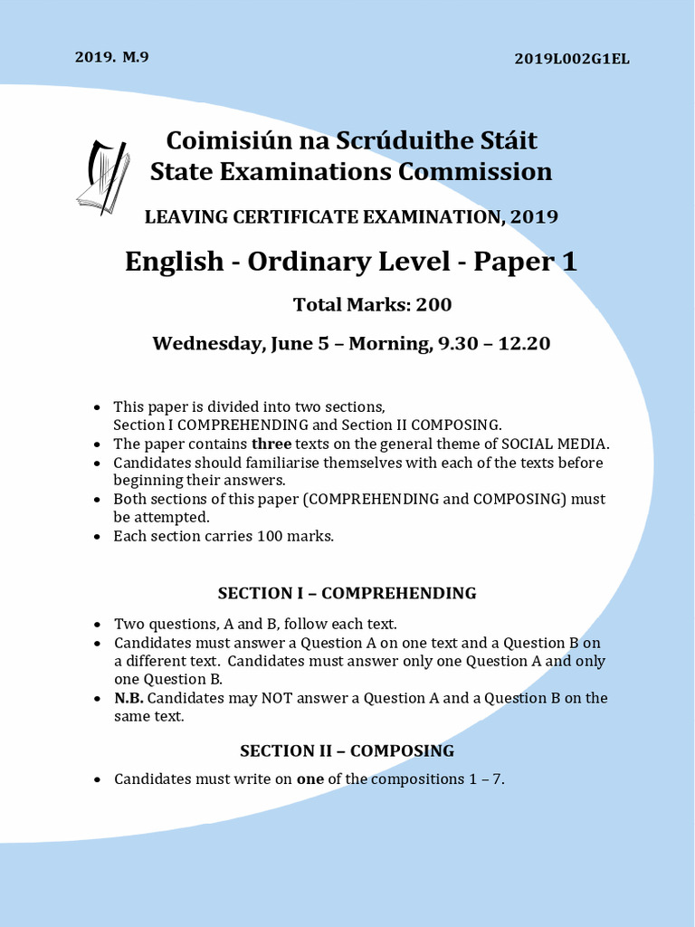 2019 Leaving Cert English Paper 1 | PDF | Selfie | Copyright Infringement