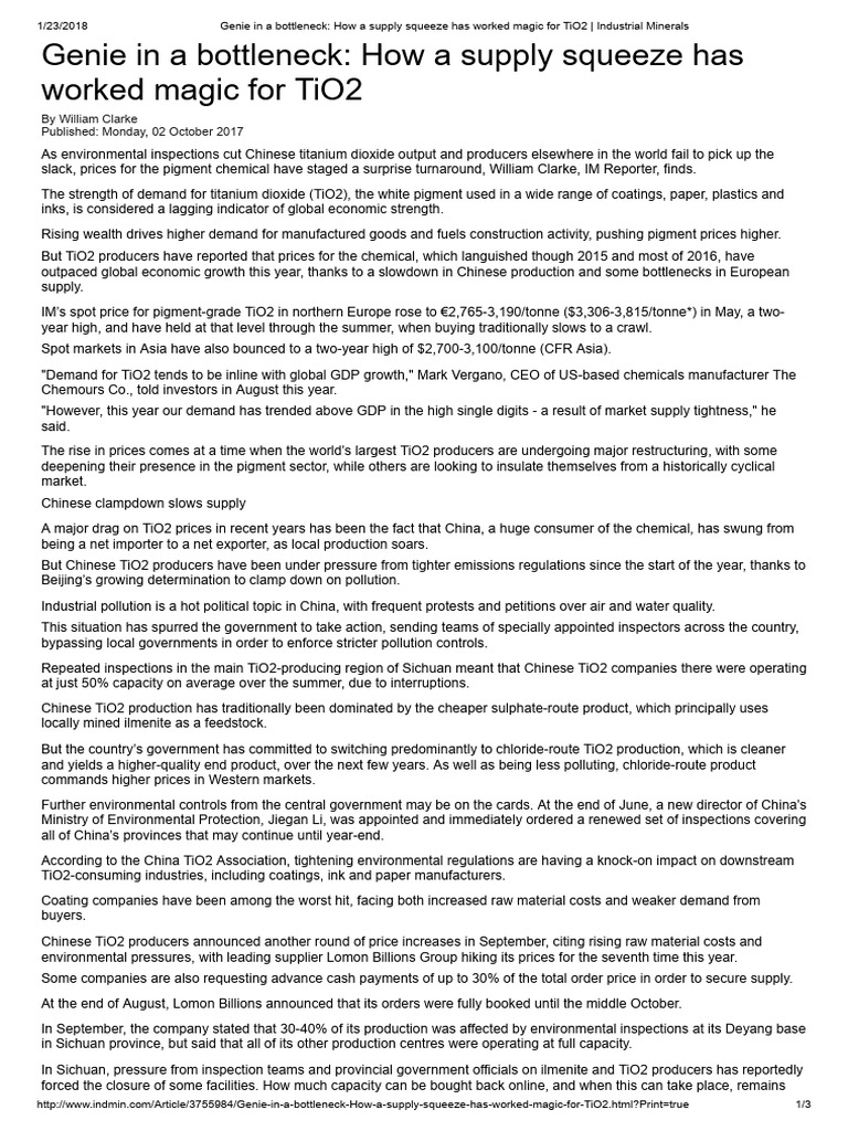 Genie in A Bottleneck - How A Supply Squeeze Has Worked Magic For TiO2 - Industrial Minerals ...