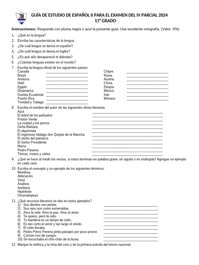 Guía de estudio Español II, IV parcial | PDF