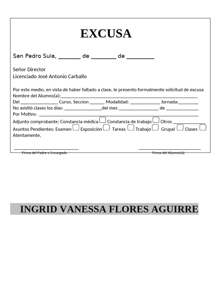 Solicitud de Excusa Escolar Formal | PDF