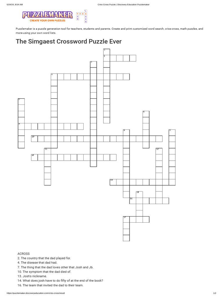 Criss Cross Puzzle - Discovery Education Puzzlemaker | PDF