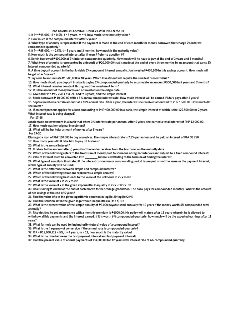 Gen Math 2nd Quarter Exam Reviewer | PDF | Interest | Compound Interest