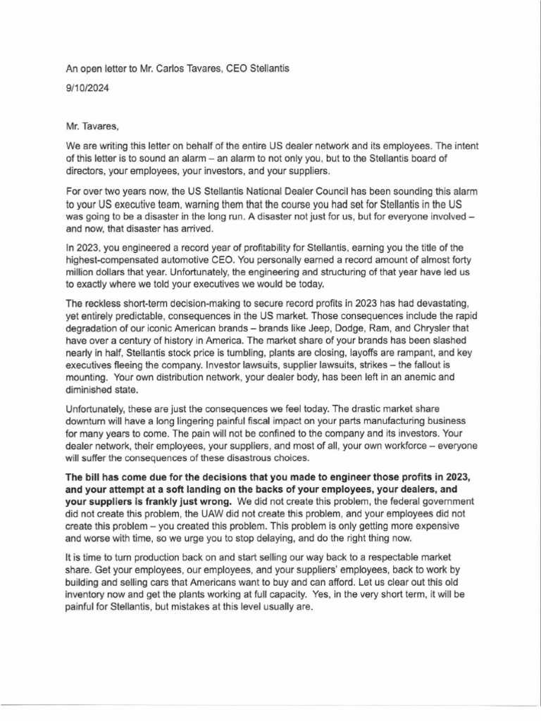 Dealer Letter To Stellantis CEO | PDF