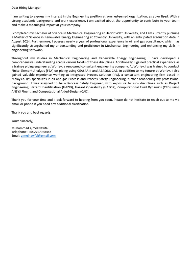 Engineering Job Application Letter | PDF