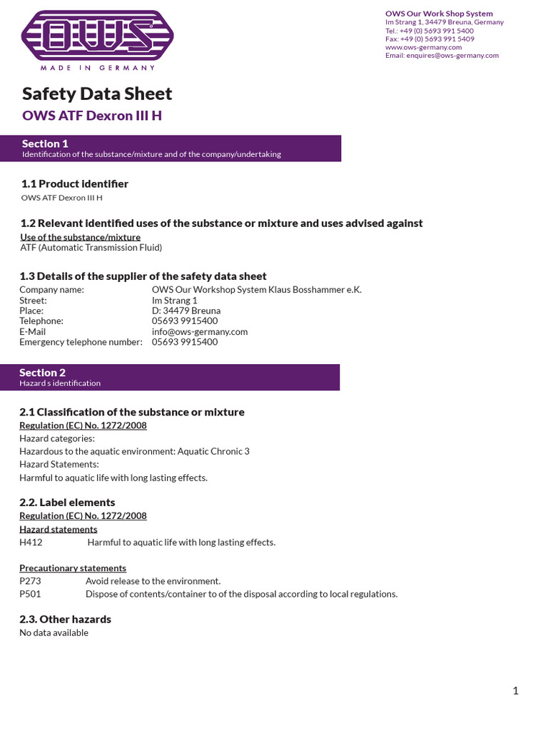 22 & 23.OWS ATF Dexron III H | PDF | Toxicity | Waste