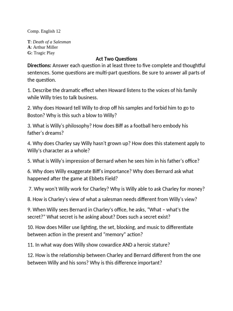 Death of A Salesman Act Two Questions | PDF