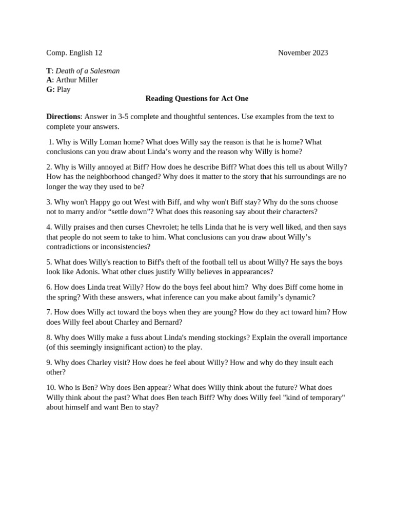 Death of A Salesman Act One Questions | PDF