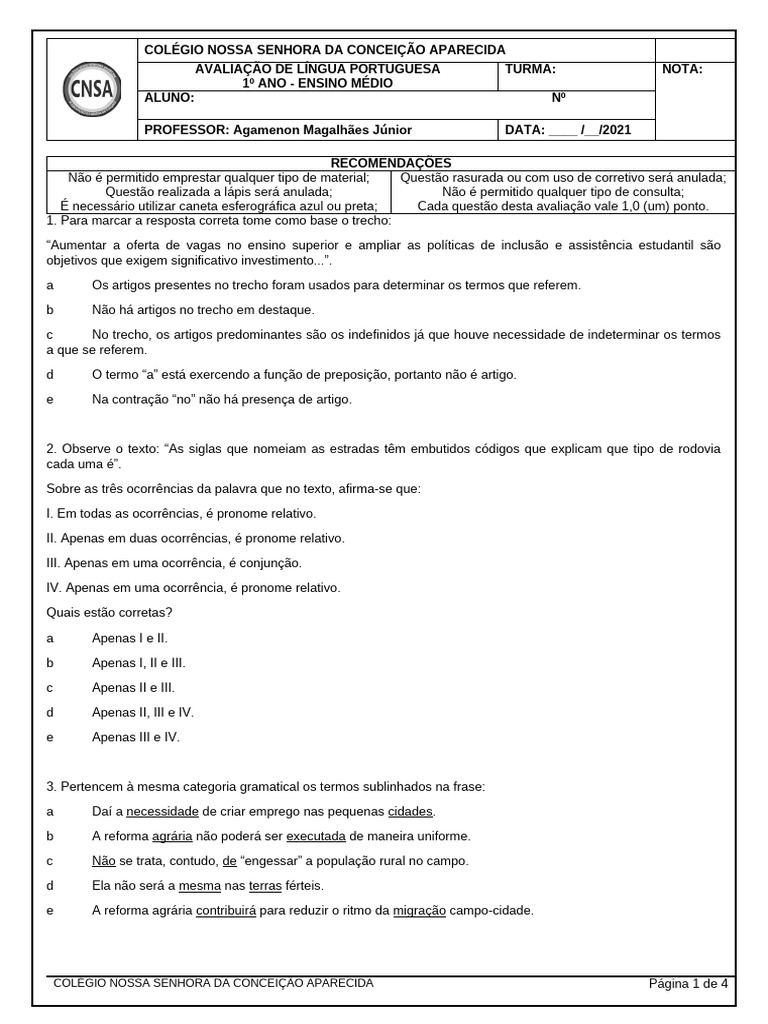 Simulado - 1º ano | PDF | Classe gramatical | Adjetivo