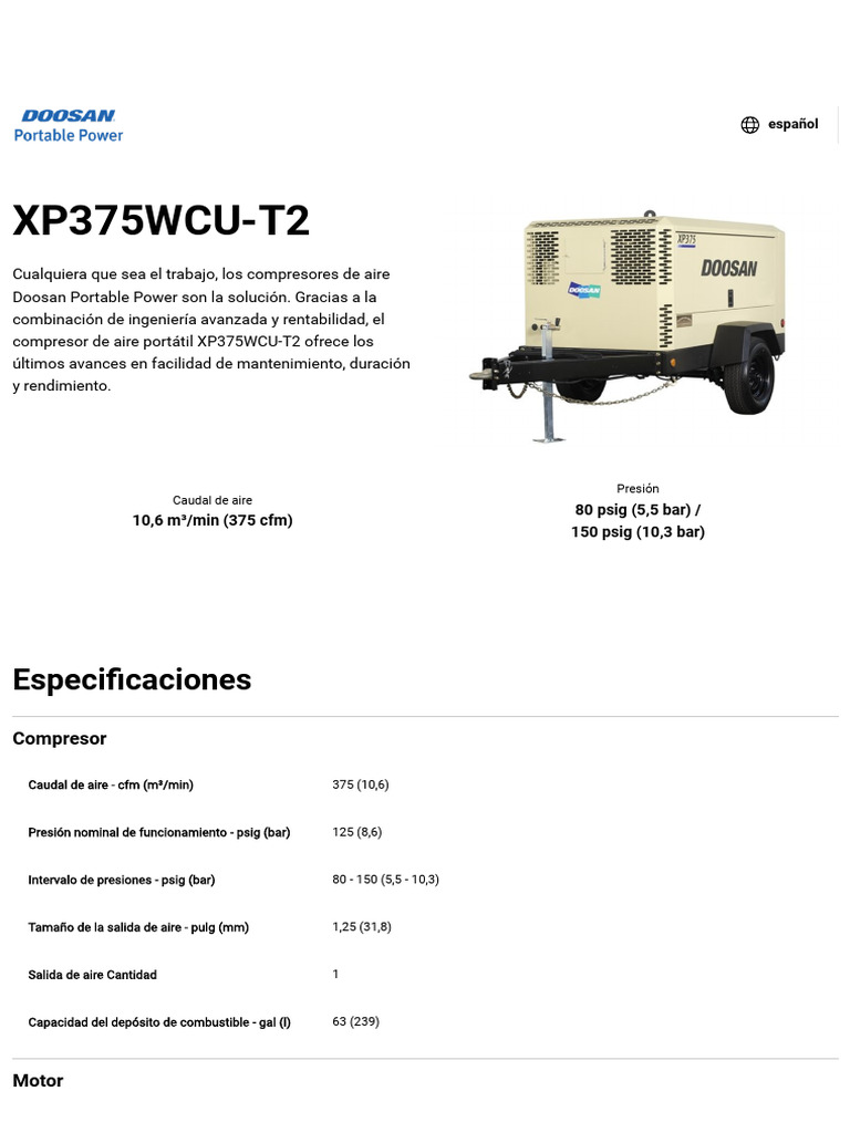 Compresor Doosan XP375: Especificaciones | PDF | Tecnología de ...