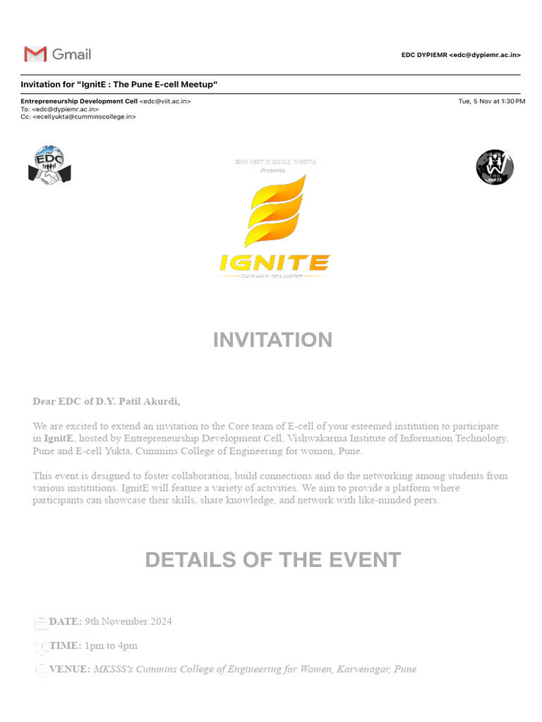 Invitation For IgnitE - The Pune E-Cell Meetup | PDF | Cognitive ...