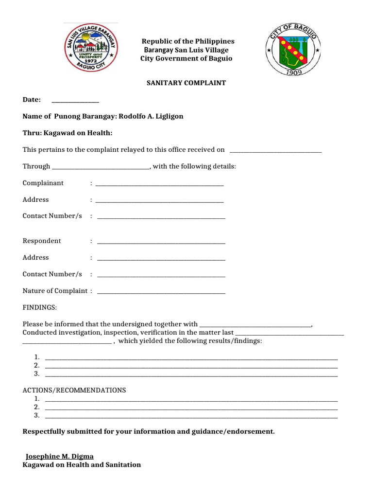 Sanitary Complaint Form Template | PDF