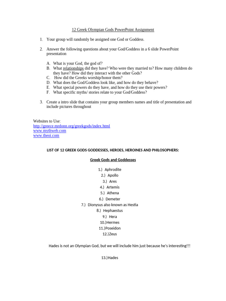 Greek Gods Powerpoint Assignment | PDF | Twelve Olympians | Greek Mythology